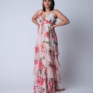 Dresses | Backless Peach Long Dress With A Floral Pattern And A Deep ...